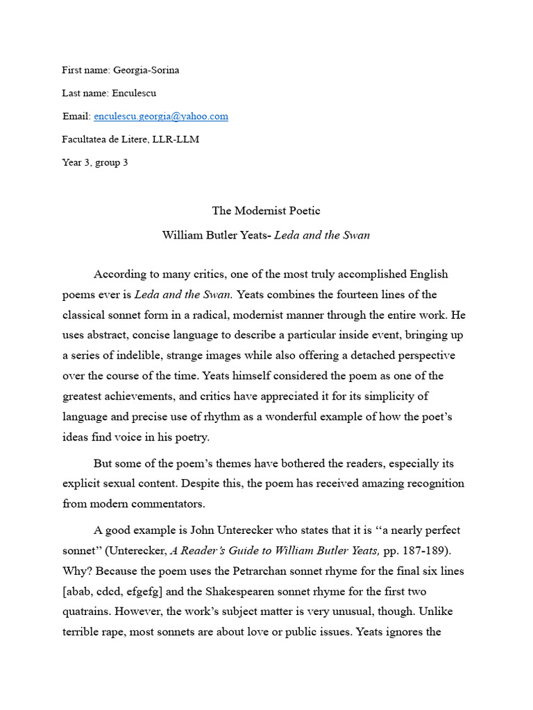 Yeats-Leda and The Swan2 | PDF | Poetry | Sonnets