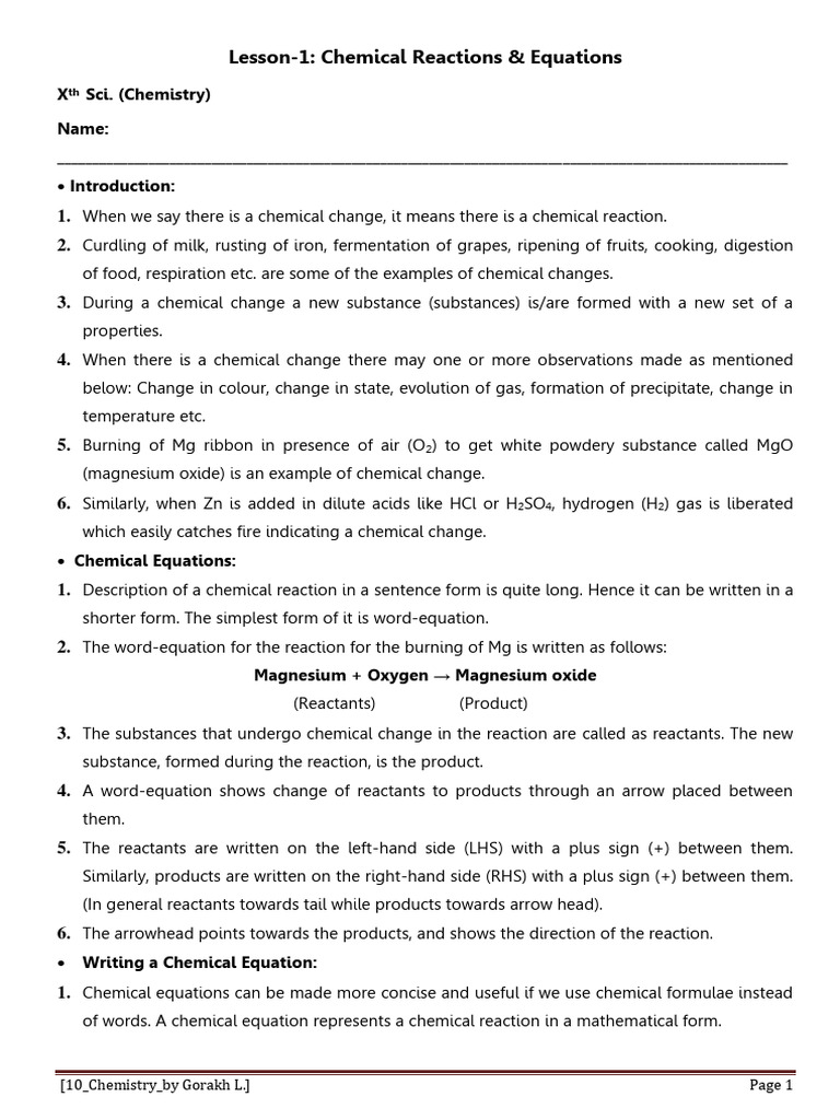 LN - 1 - Chemical Reactions & Equations - by Me | PDF | Rust | Corrosion
