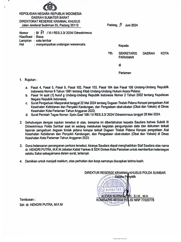 Pengantar Ke Sekda Dan Tembusan | PDF