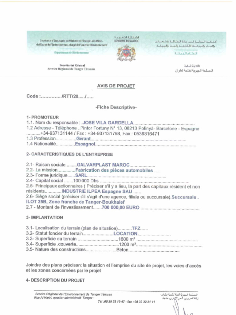 Avis de Projet Glvarplast Maroc | PDF