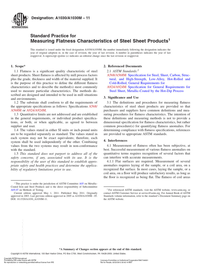 Measuring Flatness Characteristics of Steel Sheet Products: Standard ...