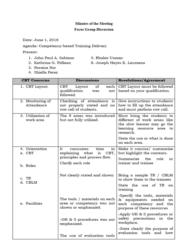 Focus Group Discussion - Minutes of The Meeting | PDF | Learning ...