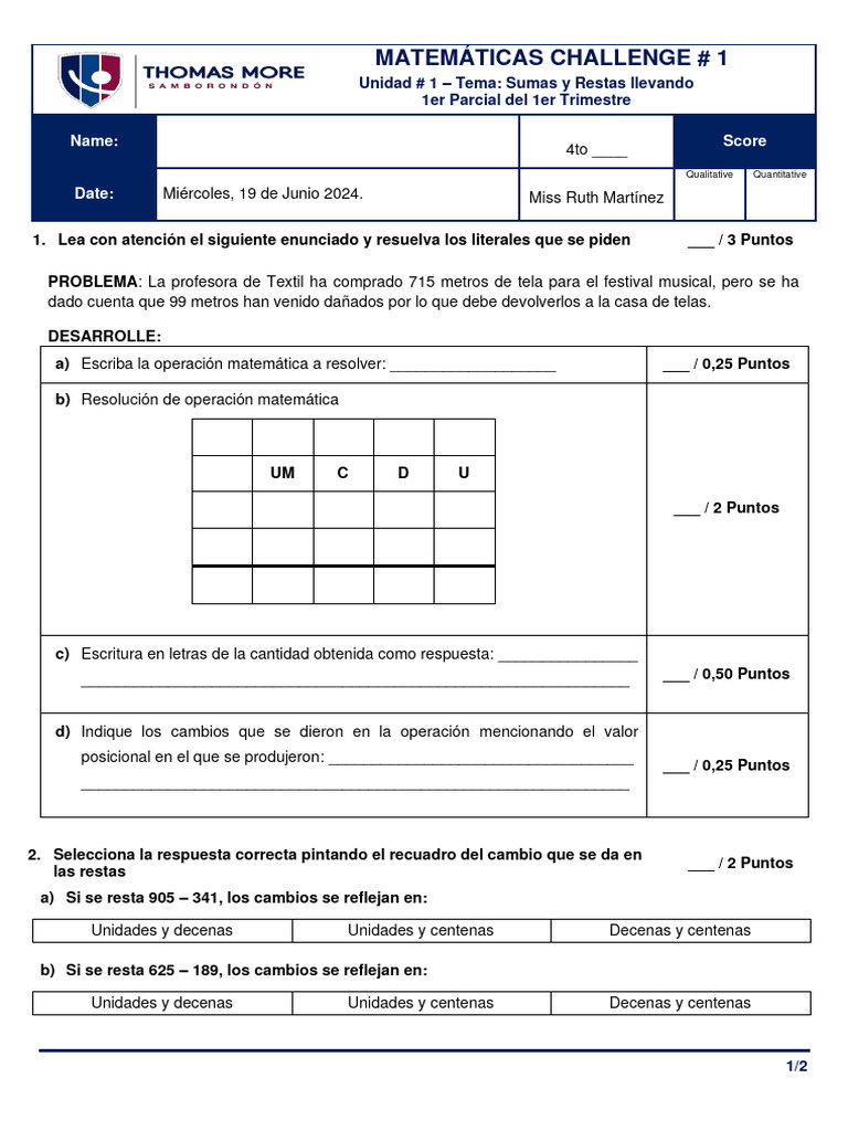 4to C&D - Math Challenge # 1 - 1P1T | PDF | Matemáticas