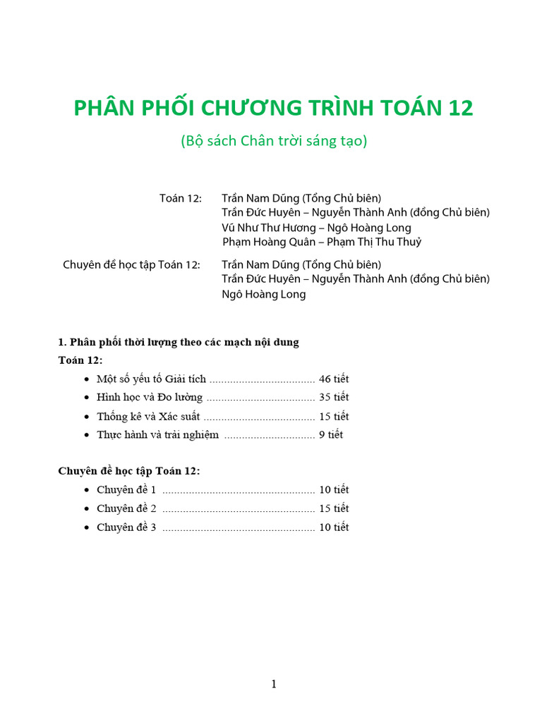 CTST - PHÂN PHỐI CHƯƠNG TRÌNH TOÁN 12 | PDF