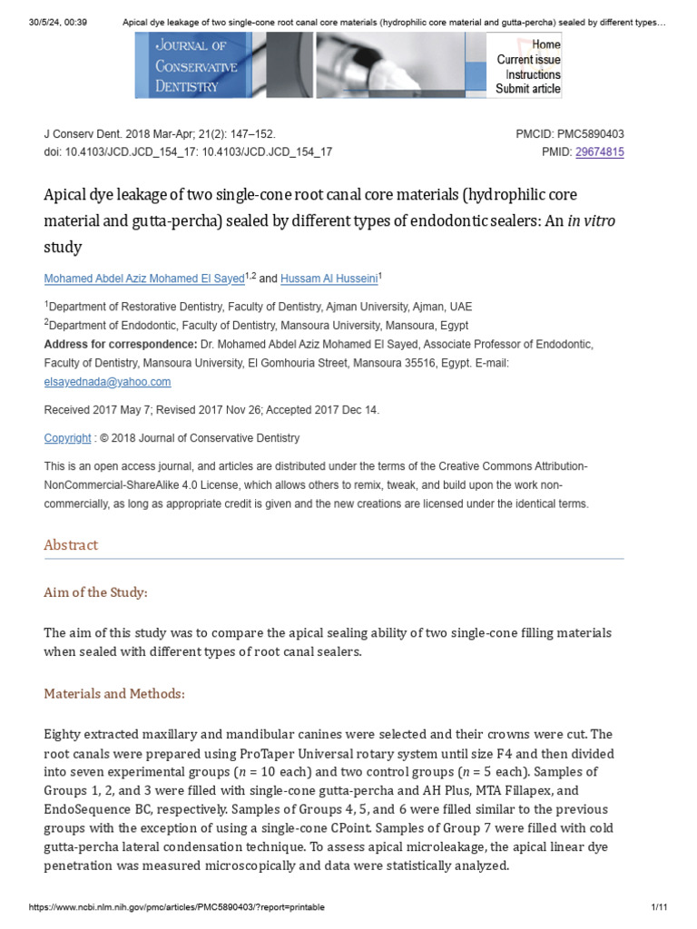 Apical Dye Leakage of Two Single-Cone Root Canal Core Materials ...