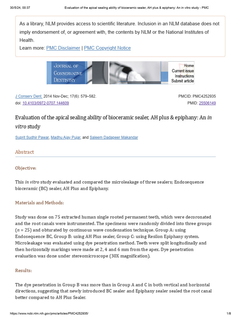 Evaluation of the Apical Sealing Ability of Bioceramic Sealer, AH Plus ...