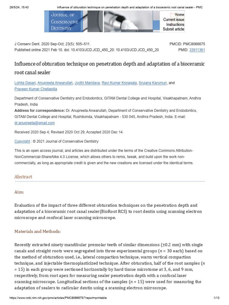 Influence of Obturation Technique On Penetration Depth and Adaptation | PDF | Mouth | Tooth
