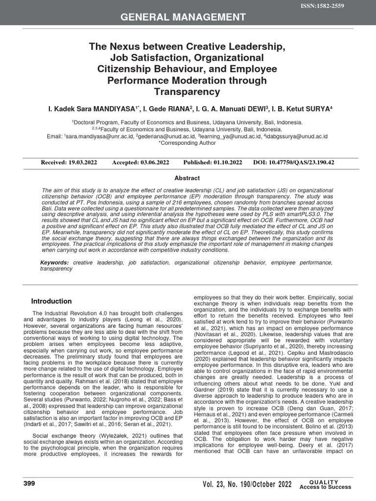 The Nexus Between Creative Leadership Job Satisfaction Organizational ...