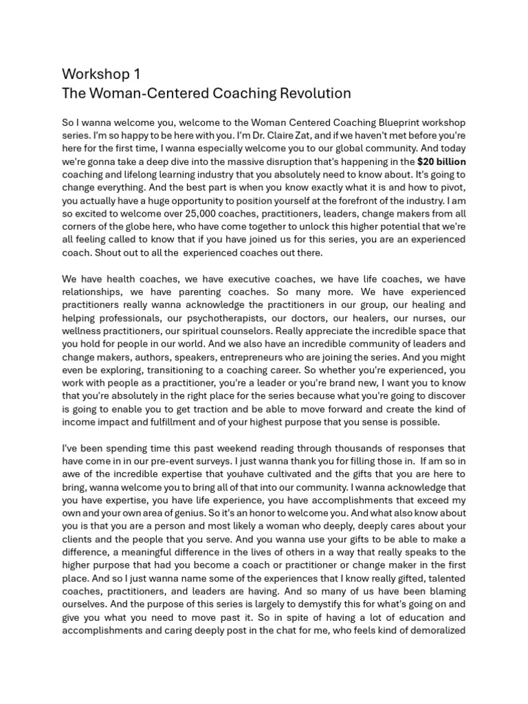 (Transcript) The Woman-Centered Coaching Revolution-Workshop 1 | PDF ...