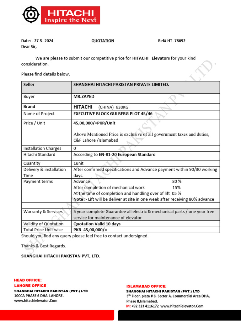 Hitachi Elevator Quotation Details | PDF | Elevator | Electrical ...