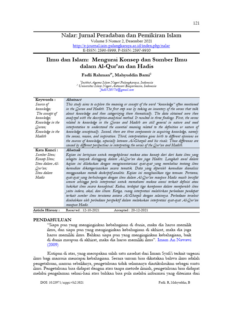 Nalar: Jurnal Peradaban Dan Pemikiran Islam: Fadli Rahman, Mahyuddin Barni | PDF | Filsafat ...