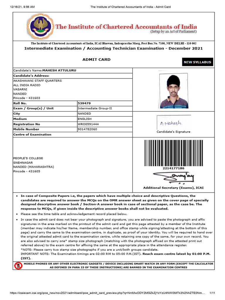 The Institute of Chartered Accountants of India - Admit Card | PDF