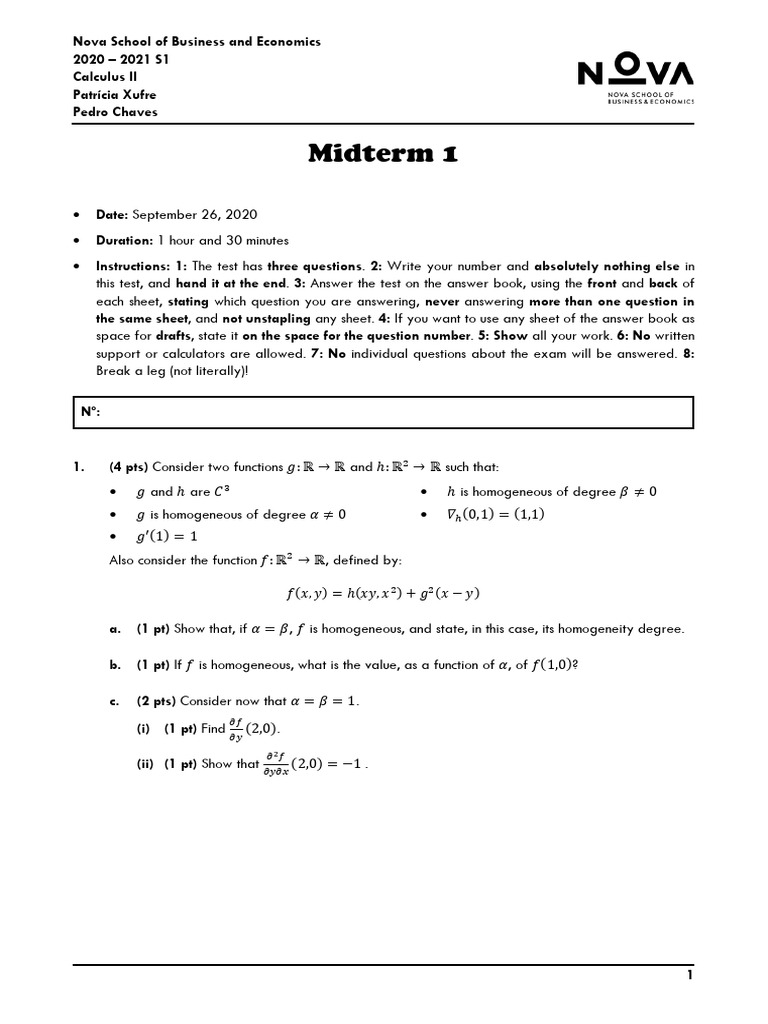 Calculus Ii 2020 2021 S1 Midterm 1 Pdf Real Number Calculus