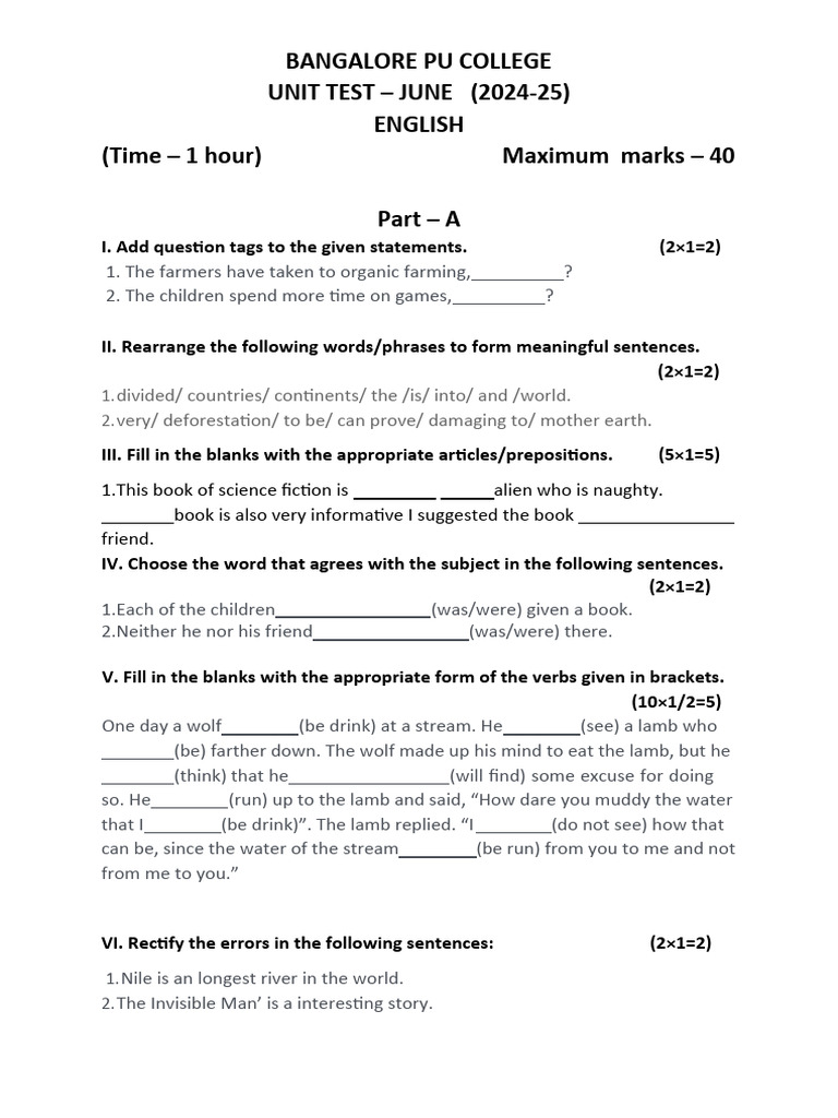 2nd PU English Test Paper For June Month | PDF | Linguistics | Syntax