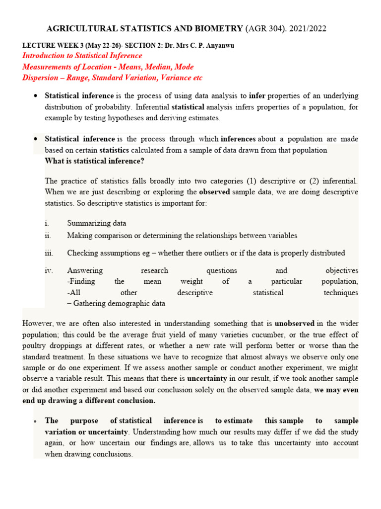 Agricultural Statistics and Biometry (Agr 304) - 2021.2022 | PDF ...
