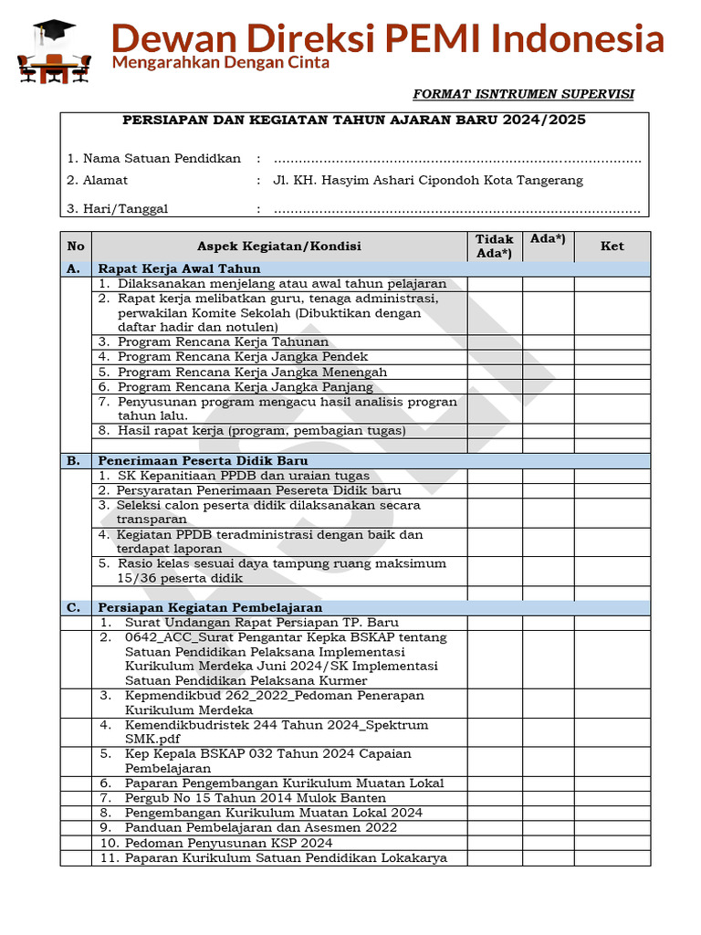 Lembar Checklist Persiapan Dan Kegiatan Ta Baru 20242025 | PDF