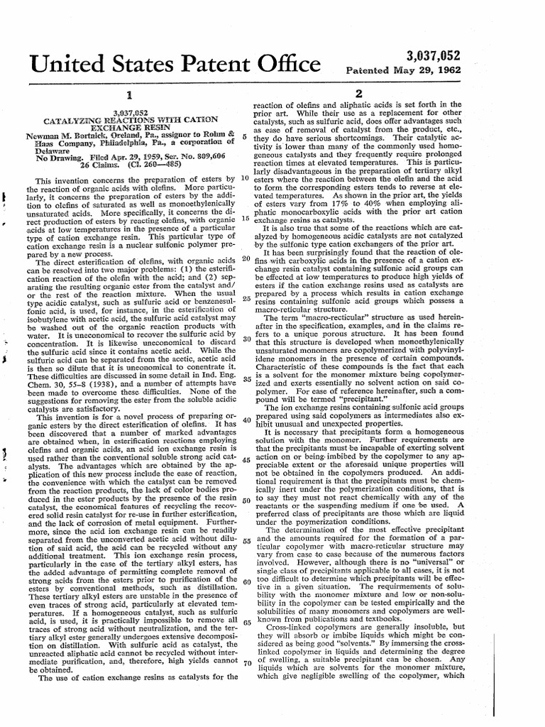 Catalyzing Reactions With Cation Exchange Resin (US3037052) | PDF ...