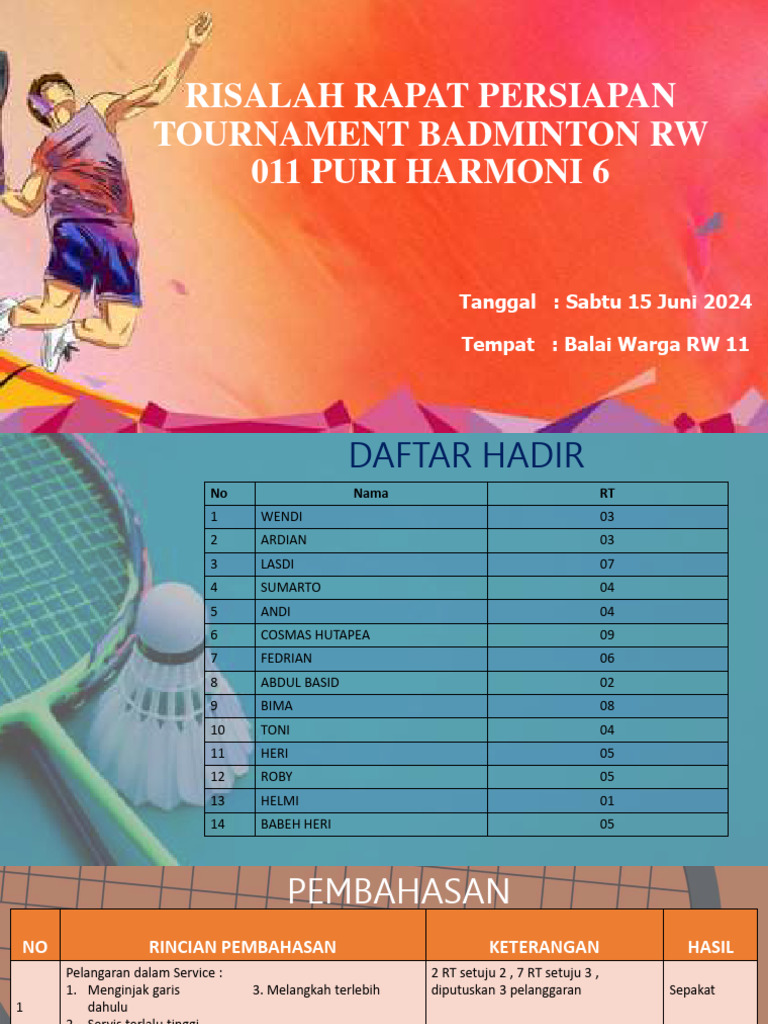 Notulen Rapat Badminton 15 JUNI 2024 | PDF Notulen Rapat Badminton 15 JUNI 2024 | PDF