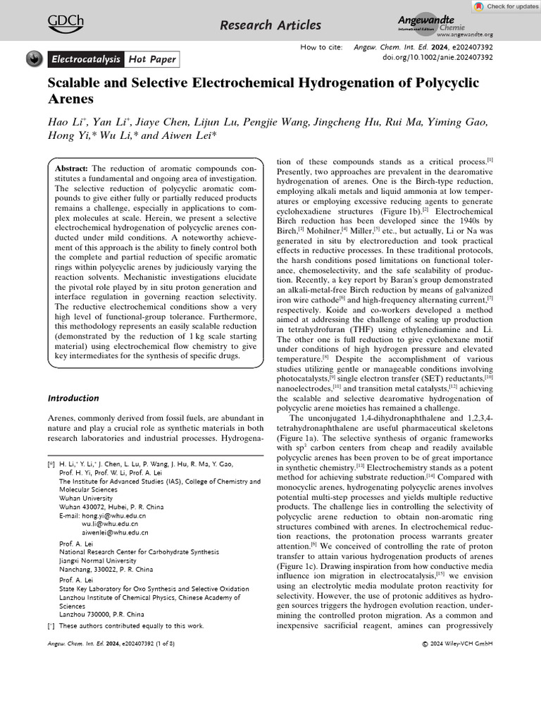 Angew Chem Int Ed - 2024 - Li - Scalable and Selective Electrochemical Hydrogenation of ...