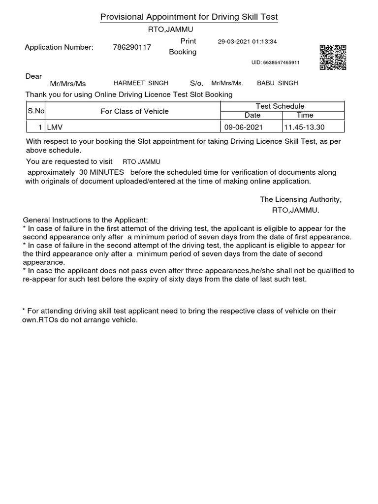 Provisional Appointment For Driving Skill Test | PDF