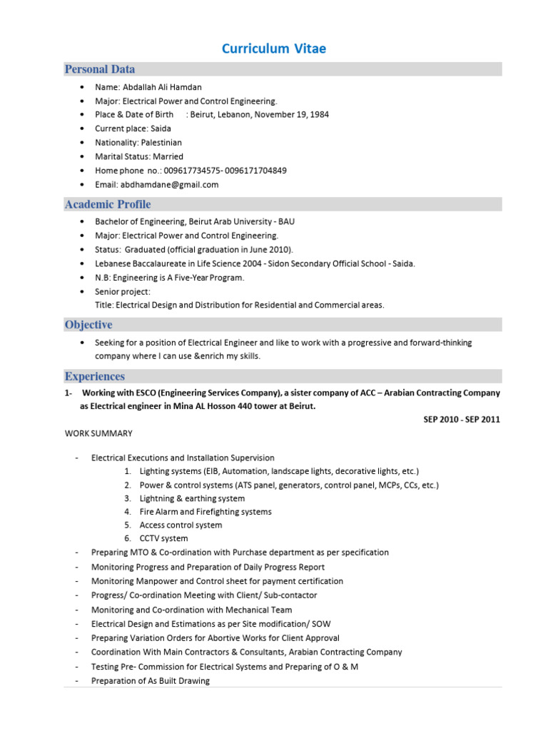 Abdallah Ali Hamdan, CV | PDF | Electrical Substation | Electric Power Distribution