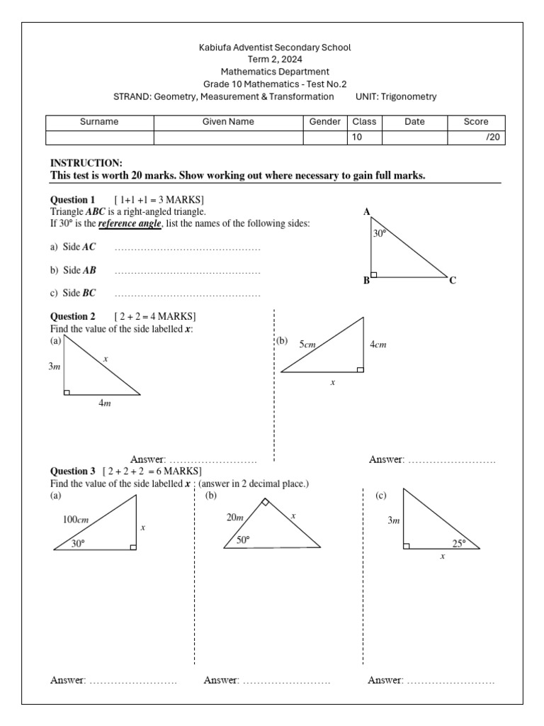Grade 10 Trigonometry Test 2024 | PDF | Triangle Geometry | Euclidean ...