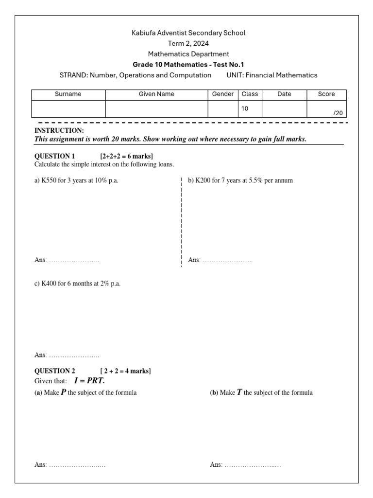 Grade 10 Financial Maths Test 2024 | PDF | Interest | Economies