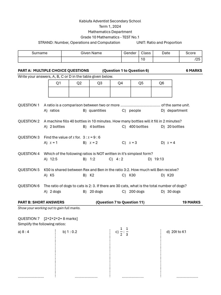 Garde 10 Maths Test - Topic - Ratio & Proportion | PDF | Ratio ...