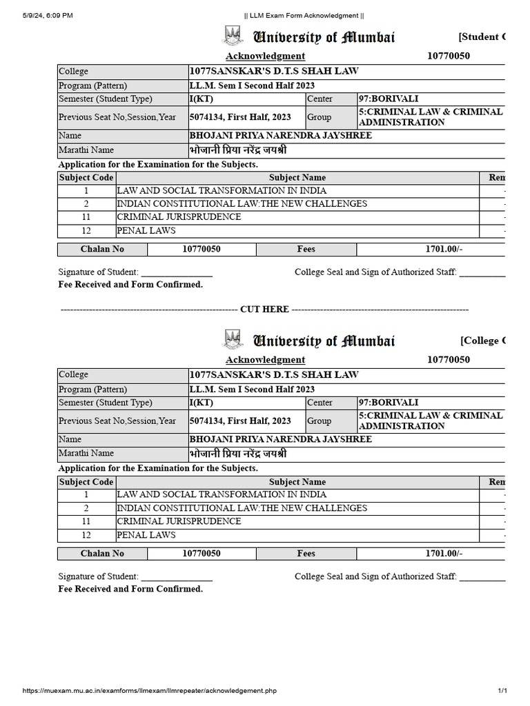 LLM Exam Form Acknowledgment | PDF | Justice | Crime & Violence