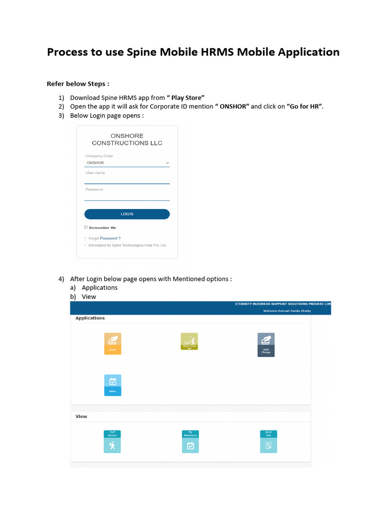 Process to use Spine Mobile HRMS Mobile App | PDF