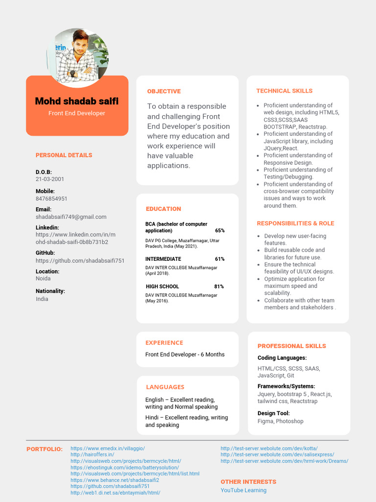 Front End Developer Portfolio of Mohd Shadab Saifi | PDF | J Query | Bootstrap (Front End Framework)