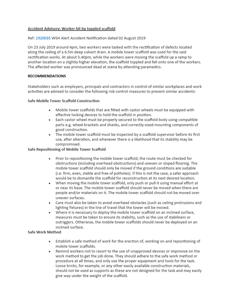 Accident Advisory of Scaffold | PDF | Scaffolding | Occupational Safety ...