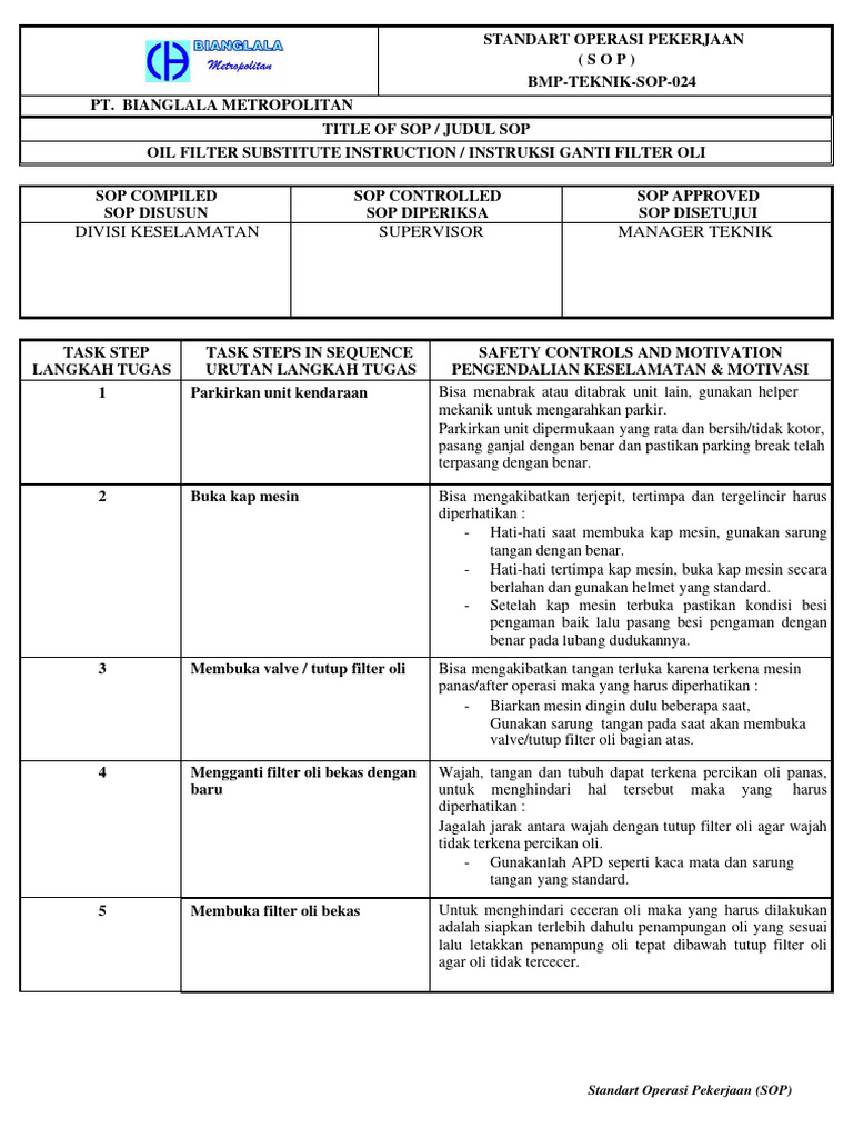 SOP Ganti Filter Oli Kendaraan PT Bianglala Metropolitan | PDF