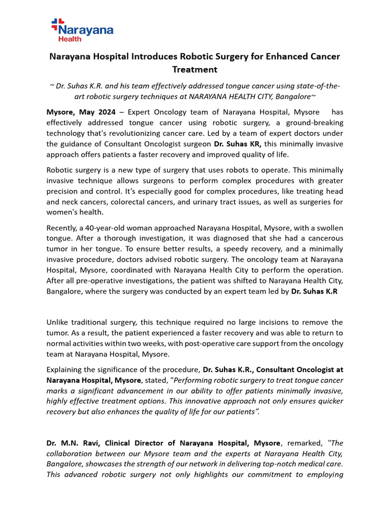 Robotic Surgery Press Release-English | PDF | Surgery | Oncology