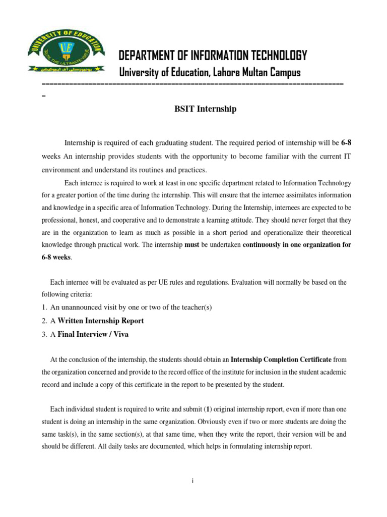 Internship Report Format (BSIT) | PDF | Internship | Job Hunting