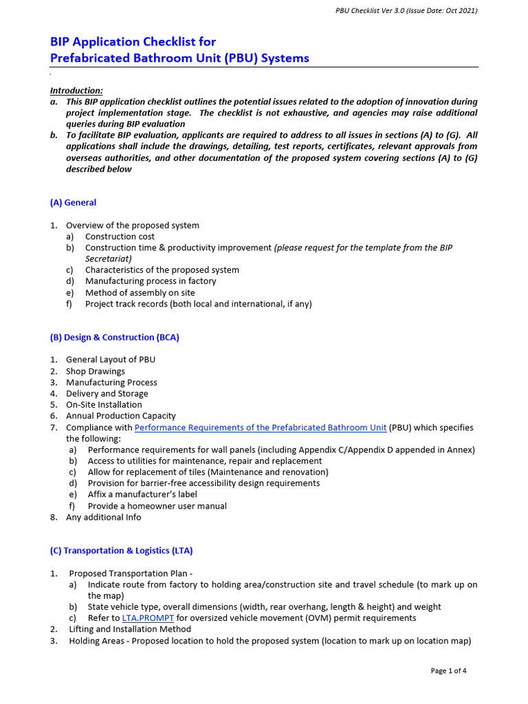 BIP Application Checklist For Prefabricated Bathroom Unit (PBU) Systems ...