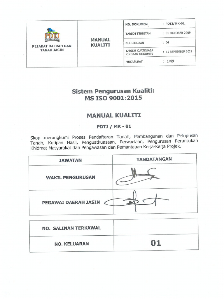 1. PDTJ MK-01 MANUAL KUALITI VERSION 2015 | PDF