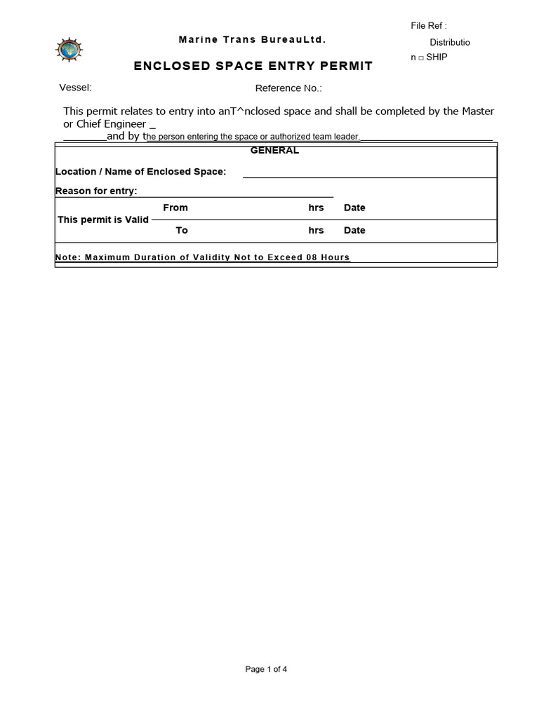 Enclosed Space Entry Permit | PDF | Equipment | Occupational Safety And ...