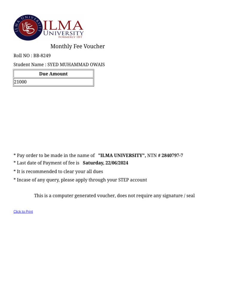 Ilma University Monthly Fee Voucher | PDF | Finance & Money Management