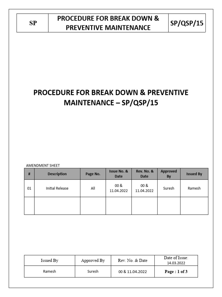 QSP-15 Procedure For Preventive Maintenance | PDF