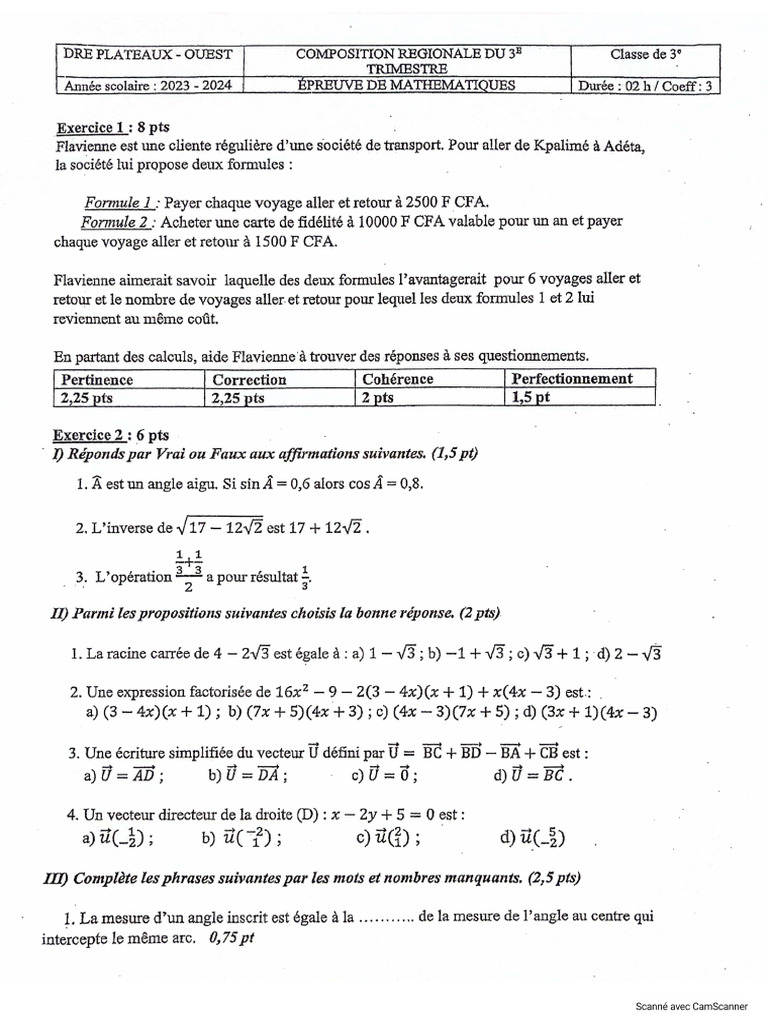 MATHS 3e COMPO 3T DRE PLO 2024 | PDF
