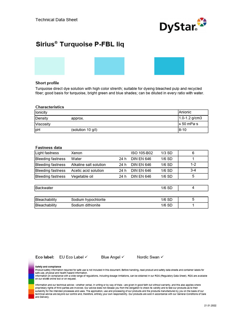 Sirius Turquoise P-FBL Liq - TDS | PDF | Chemical Substances