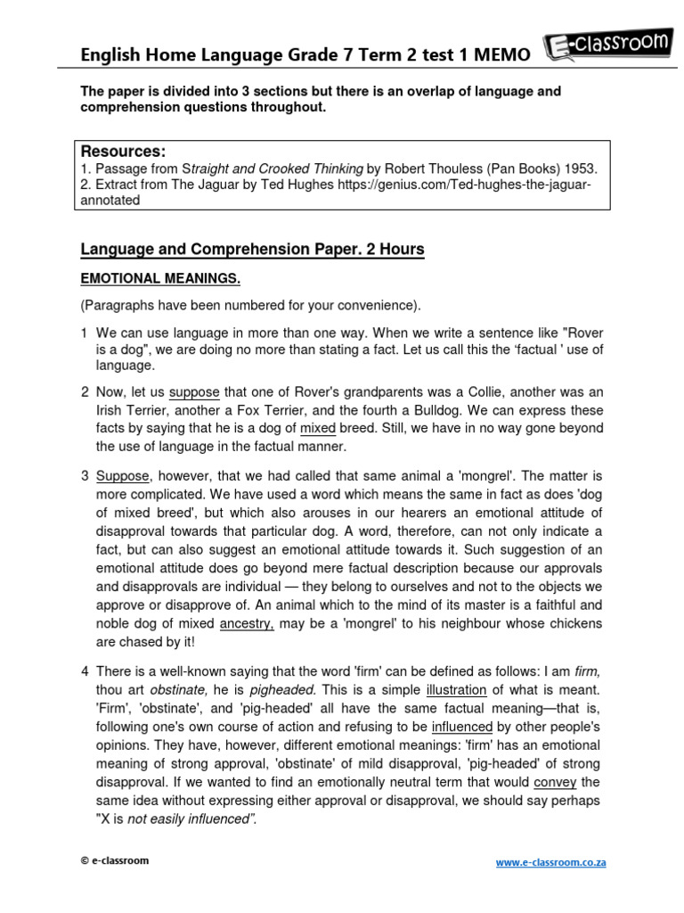 grd7t2 Ehl June Mock Exam 1 Memo | PDF | Sentence (Linguistics) | Verb