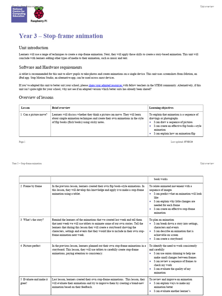Unit Overview - Stop-Frame Animation - Y3 | PDF | Animation | Teachers Unit Overview - Stop-Frame Animation - Y3 | PDF | Animation | Teachers