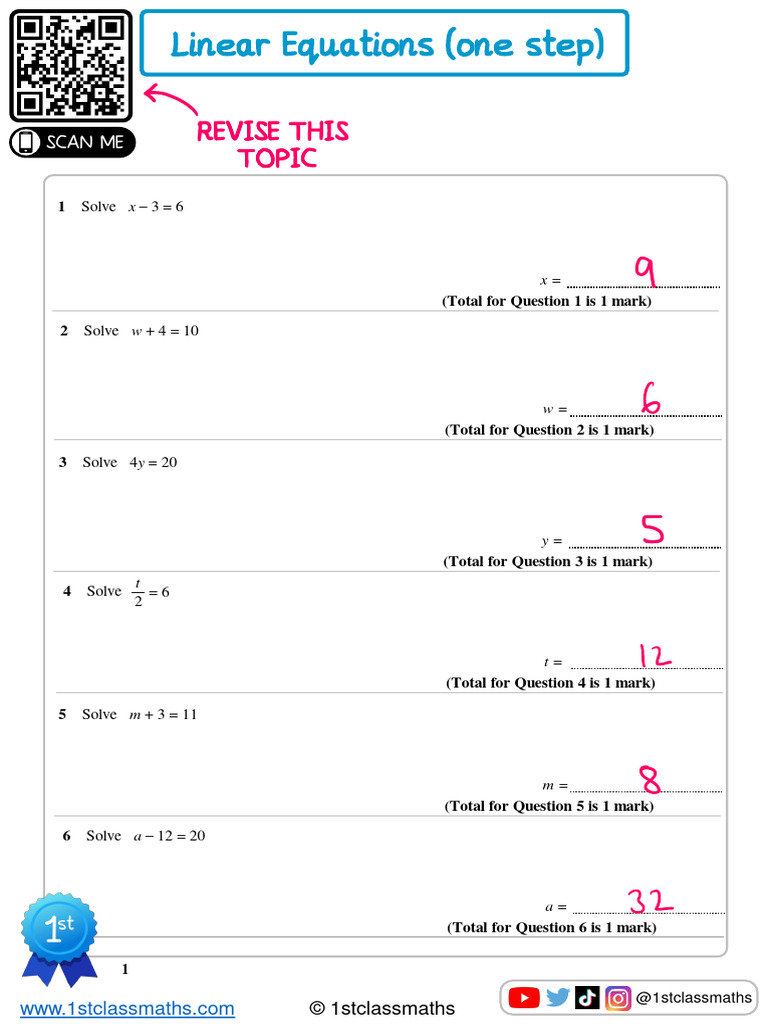 ' [1stclassmaths] Linear Equations One Step SOLUTIONS | Download Free ...