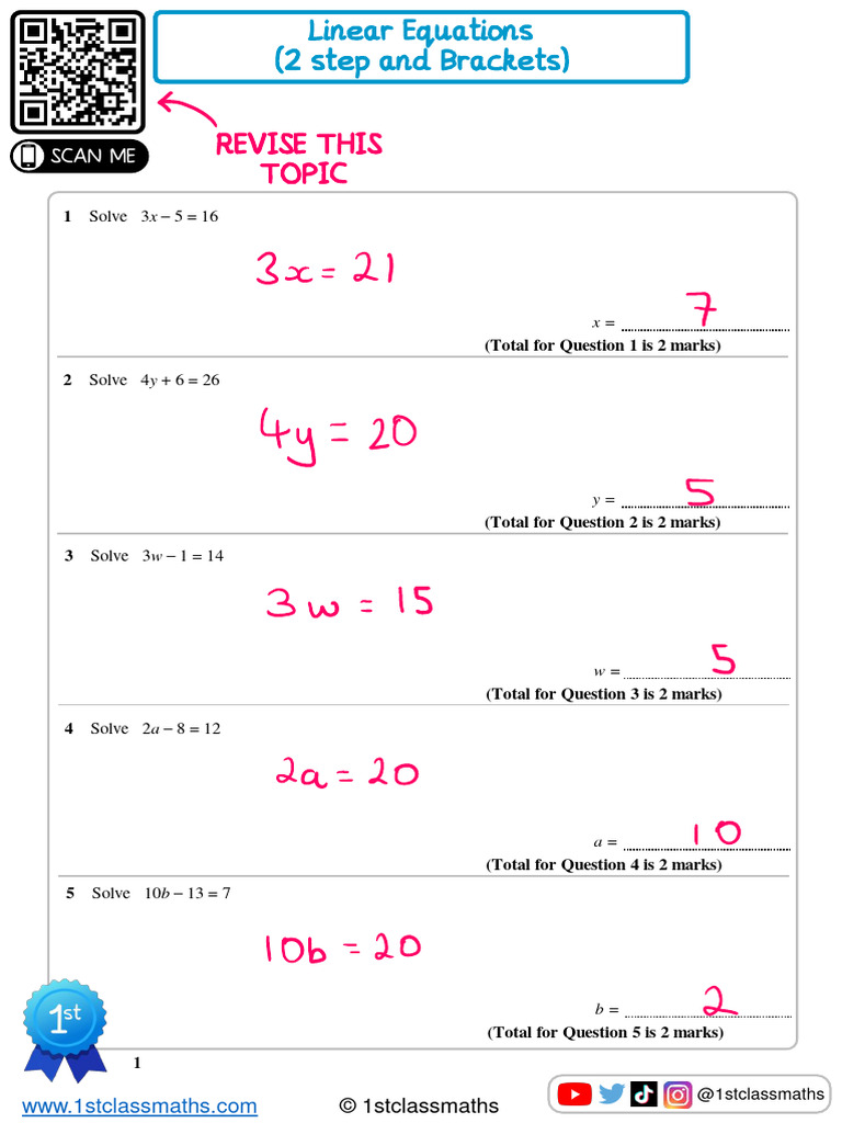 ' (1stclassmaths) Linear Equations 2 Step and Brackets SOLUTIONS | PDF ...
