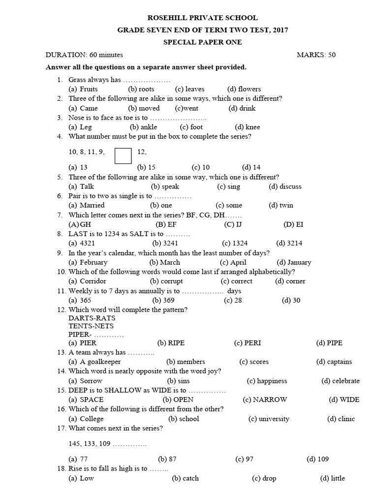 SPECIAL PAPER ONE GRADE 7 END OF TERM TWO | PDF