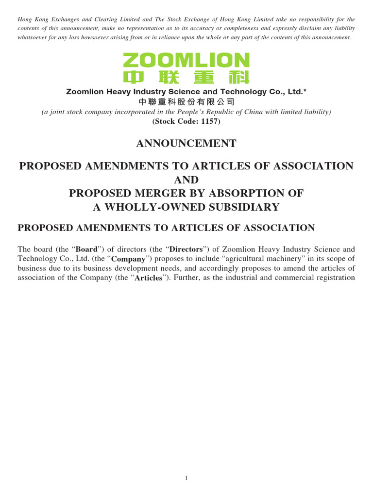 Proposed Amendments To Articles of Association | PDF | Mergers And ...