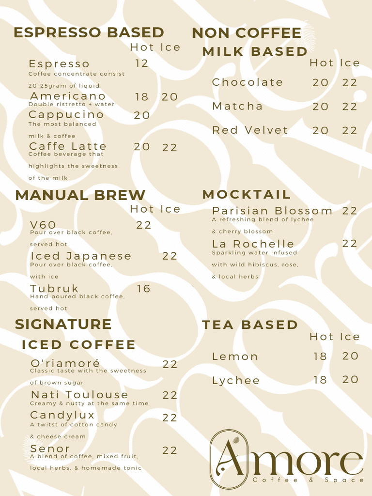 Amore Cafe Menu Highlights | PDF