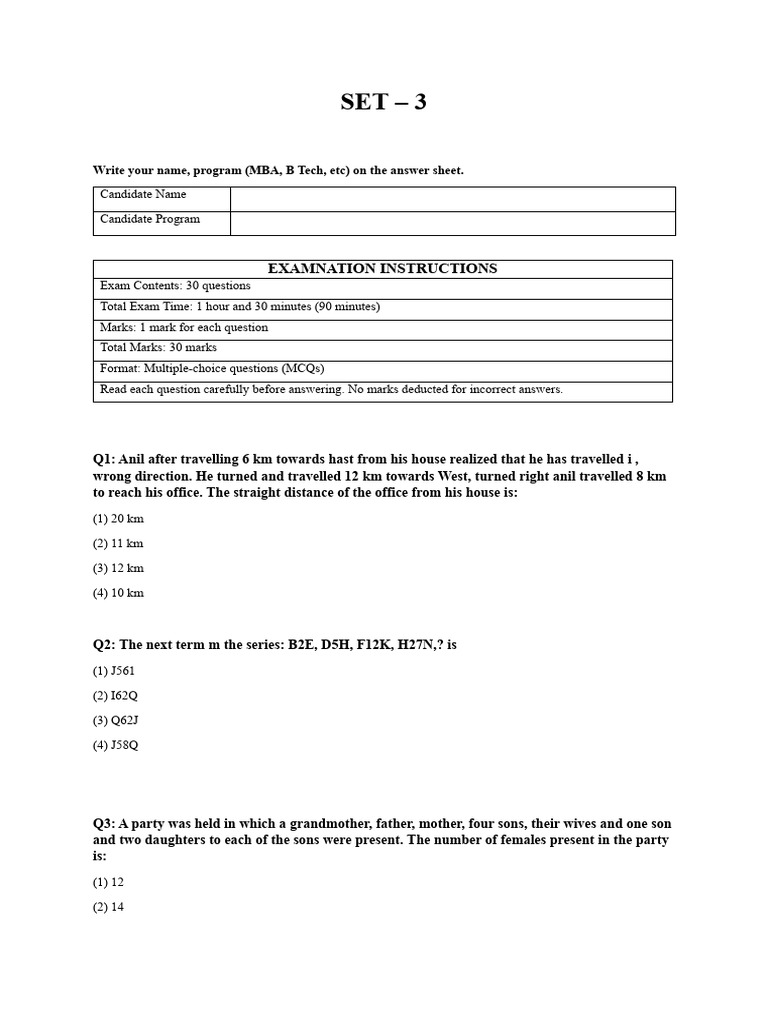 Examnation Instructions: Write Your Name, Program (MBA, B Tech, Etc) On ...